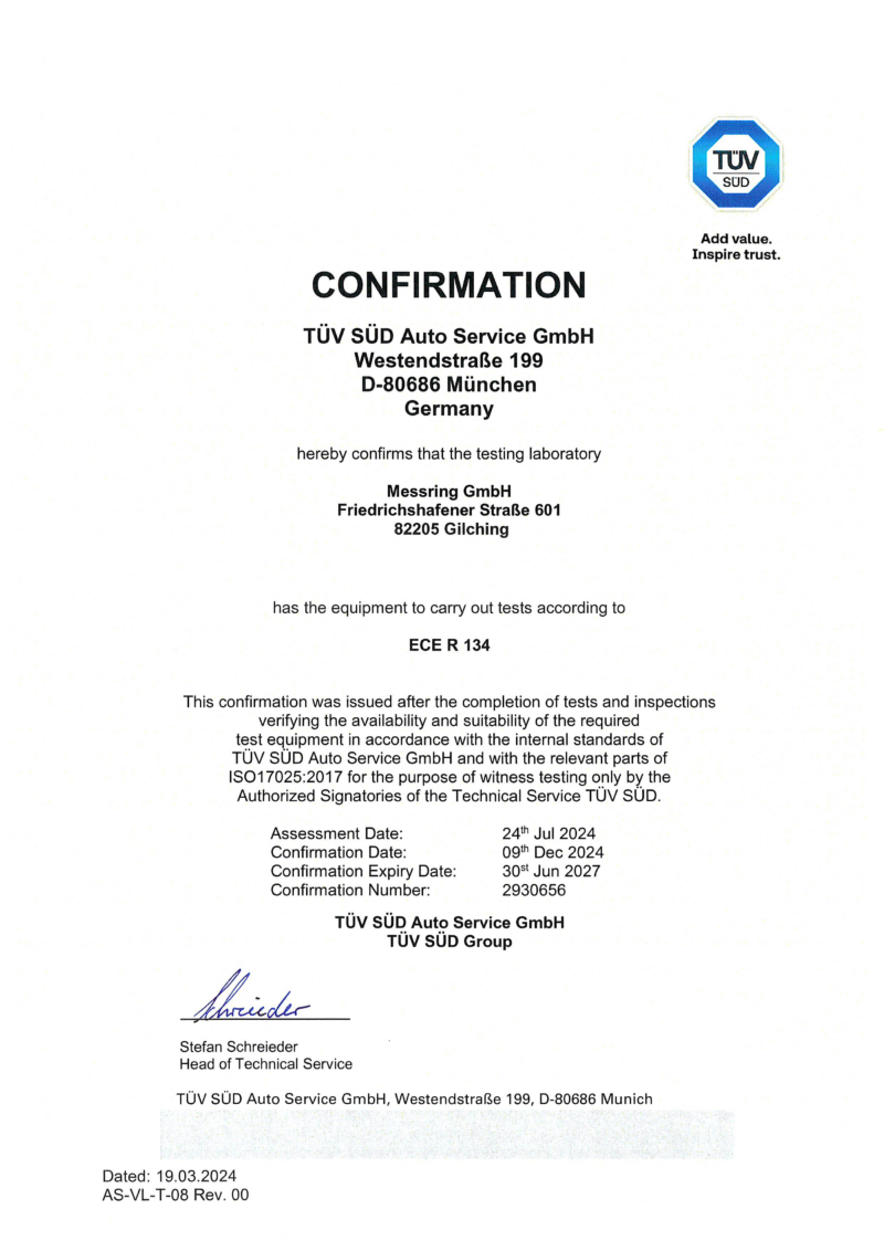 MESSRING gets TÜV approval for tests according to UN ECE R 134 ...